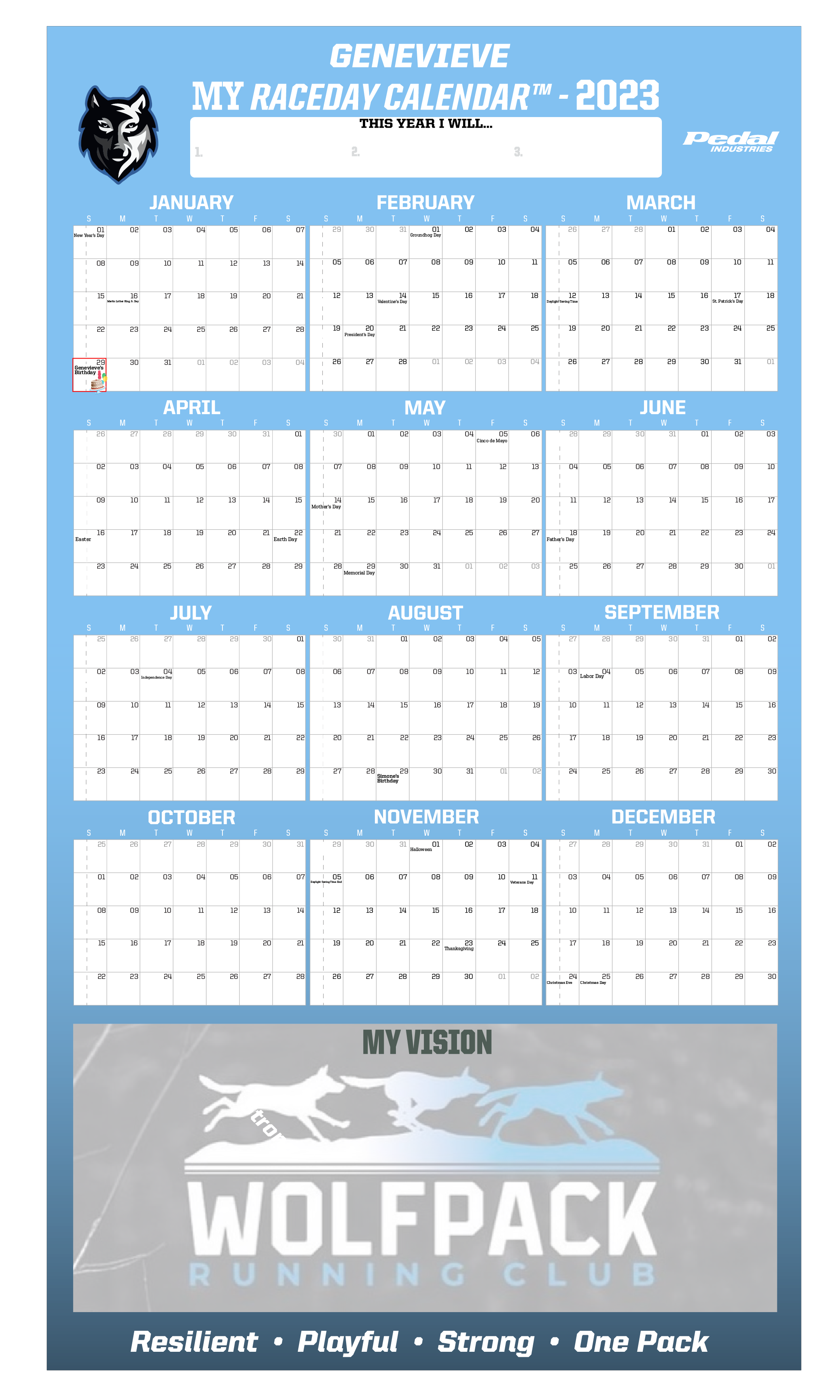 Wolfpack 2023 MY RACEDAY™ CALENDAR - GENEVIEVE – PEDAL Industries