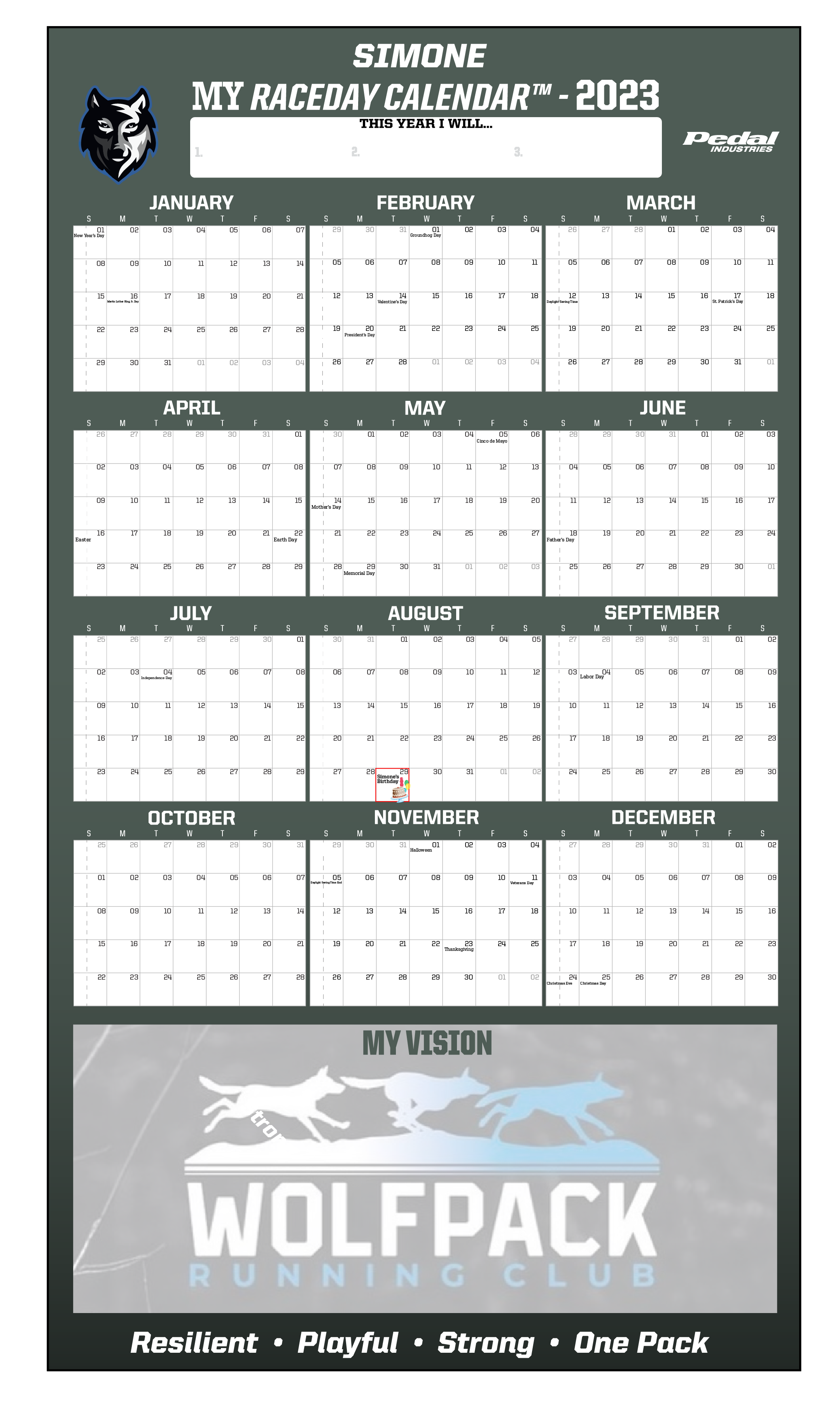Wolfpack 2023 MY RACEDAY™ CALENDAR -SIMONE – PEDAL Industries