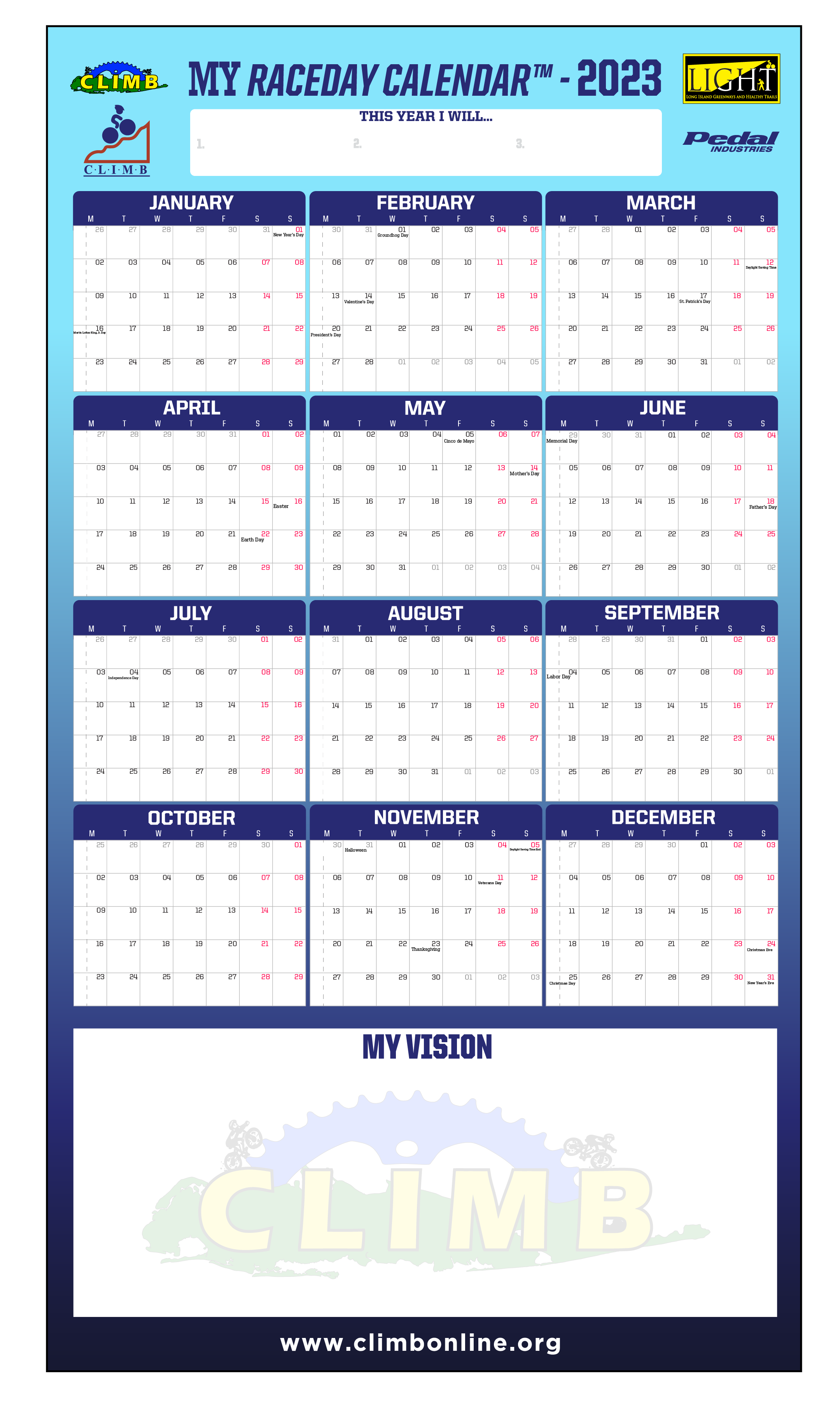 Climb 2023 MY RACEDAY™ CALENDAR – PEDAL Industries